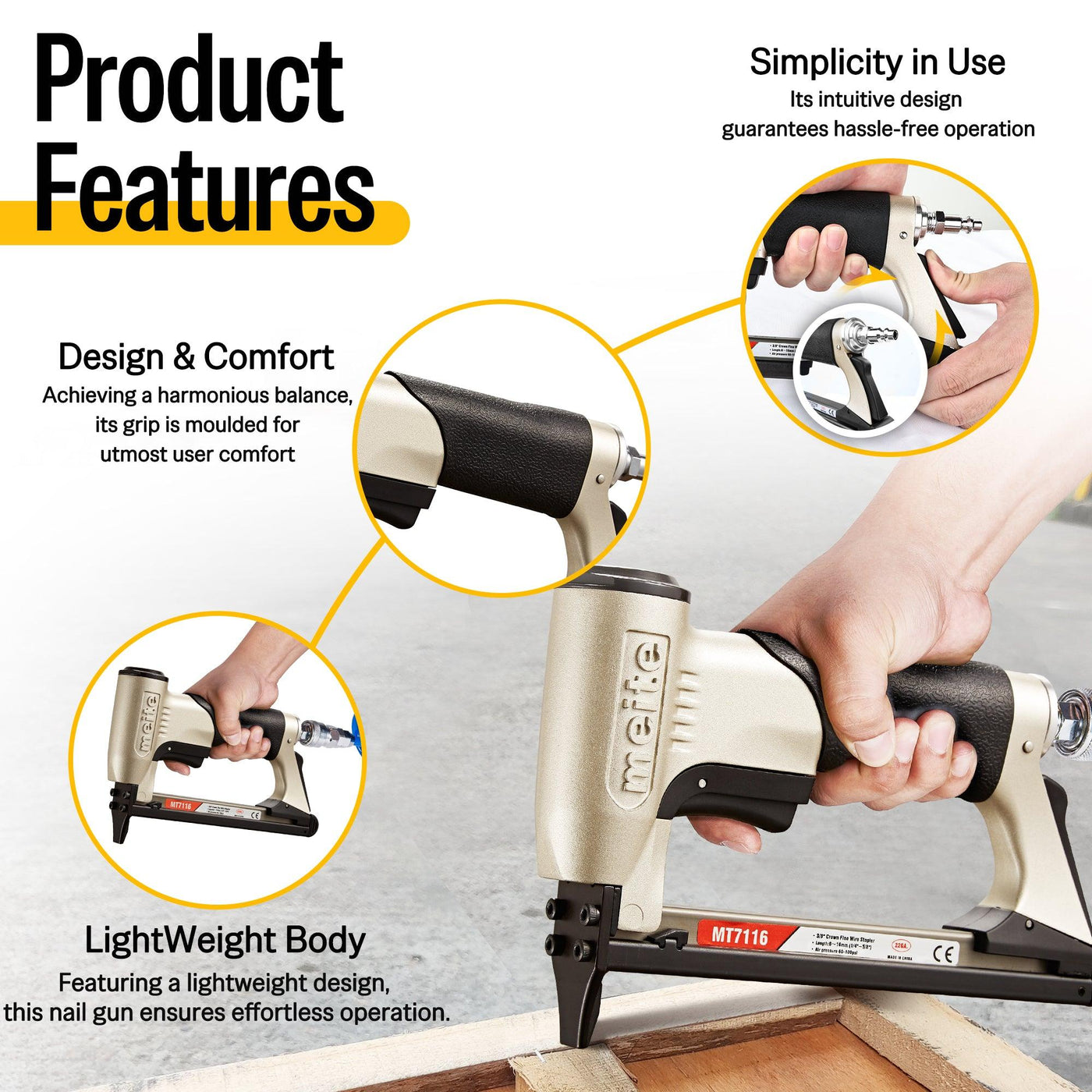Meite USA MT7116 22Ga Pneumatic Upholstery Stapler with Ergonomic ...